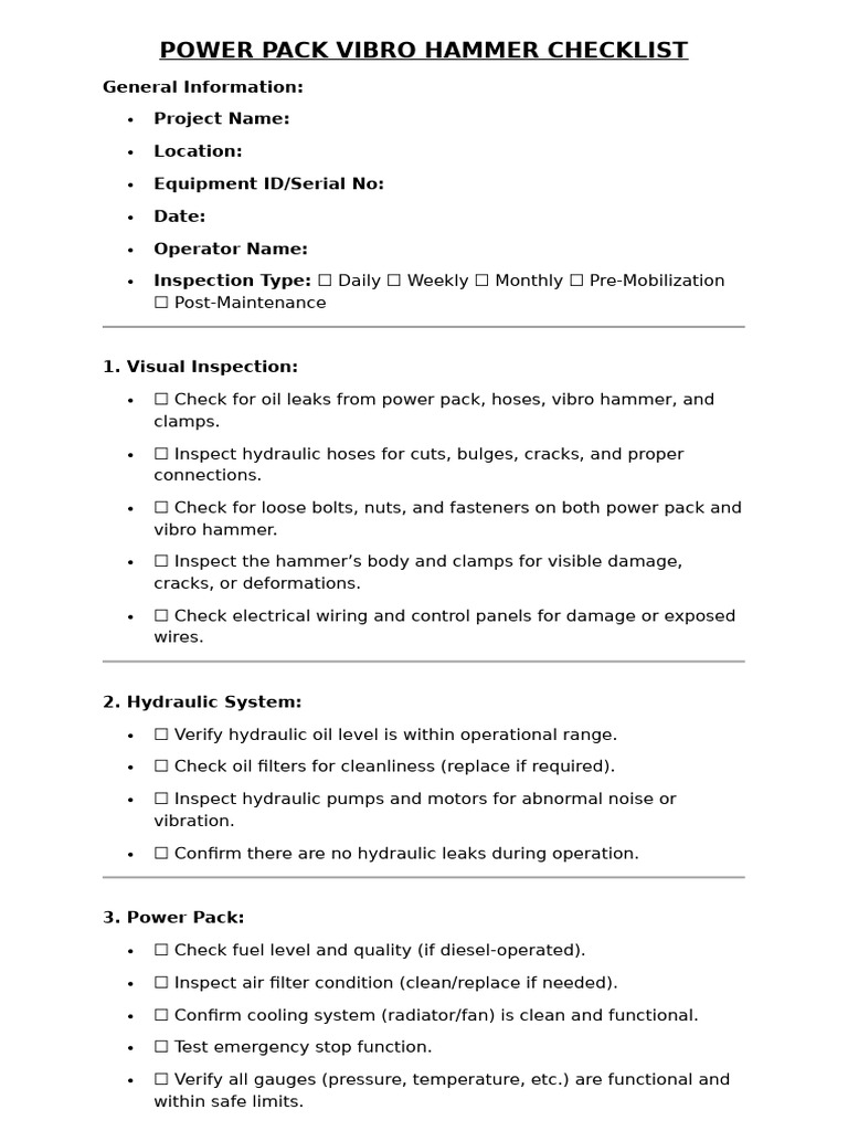 Power Pack Vibro Hammer Inspection Checklist | PDF | Manufactured Goods ...