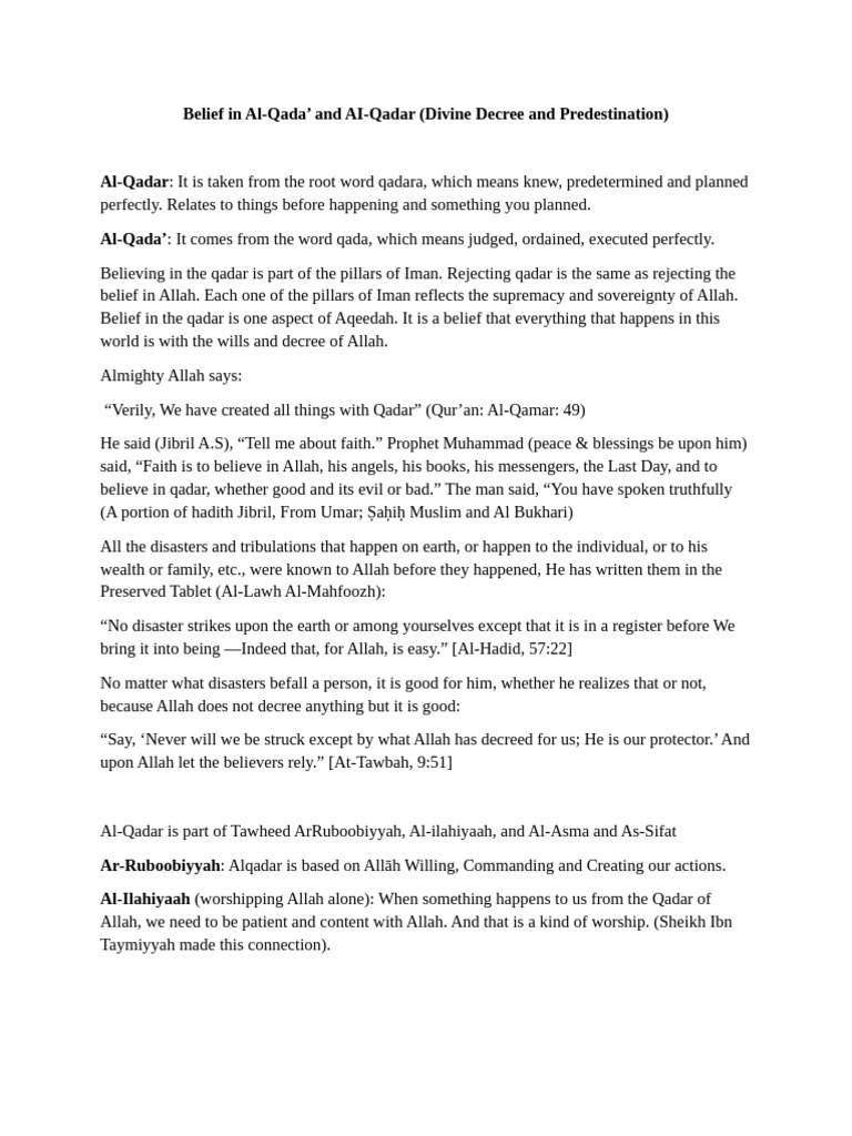 Understanding Al-Qada’ and Al-Qadar | PDF | God In Islam | Predestination