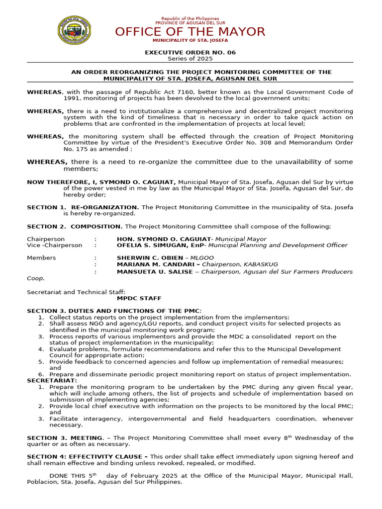Executive Order No. 06 Municipal Project Monitoring Committee | PDF ...