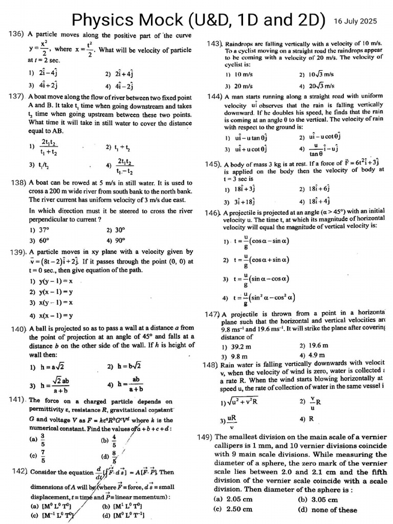 Physics Mock Unit and Dimension 1d 2D 16 July | PDF