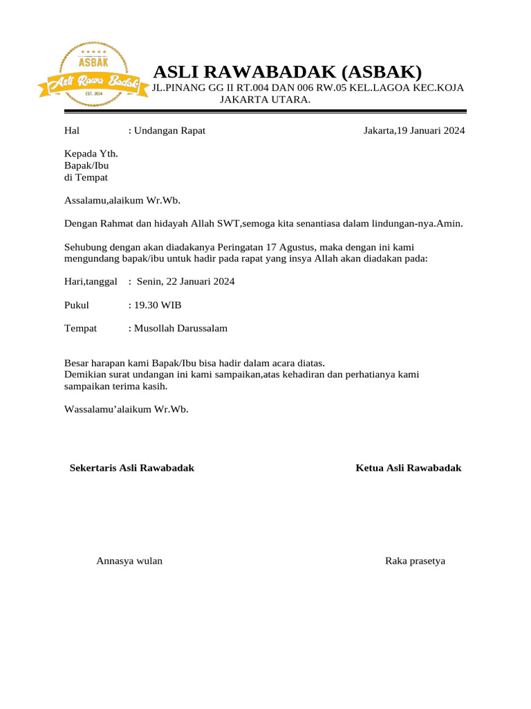 Surat Undangan RT ASBAK | PDF