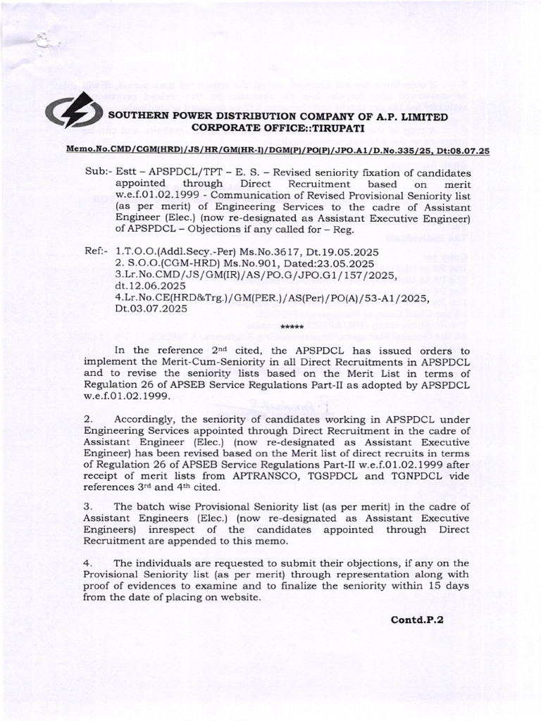 MERIT-CUM-SENIORITY LIST OF AEEs OF APSPDCL | PDF | Film Production Districts