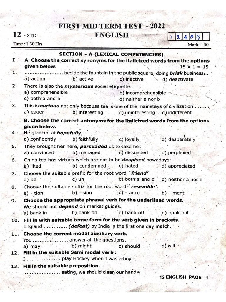 12th English 1st Mid Term Exam Original Question Paper 2022 2023 ...