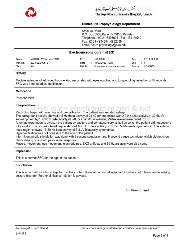 Agha Khan Report of Ayzal Mujtaba | PDF | Electroencephalography | Neuroscience