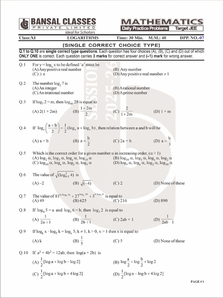 DPP - (07 To 12) Logarithms Xi Wa | PDF