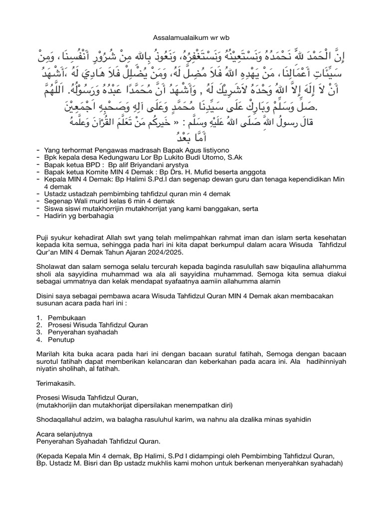 Teks MC Wisuda Tahfidz MIN 4 Demak | PDF