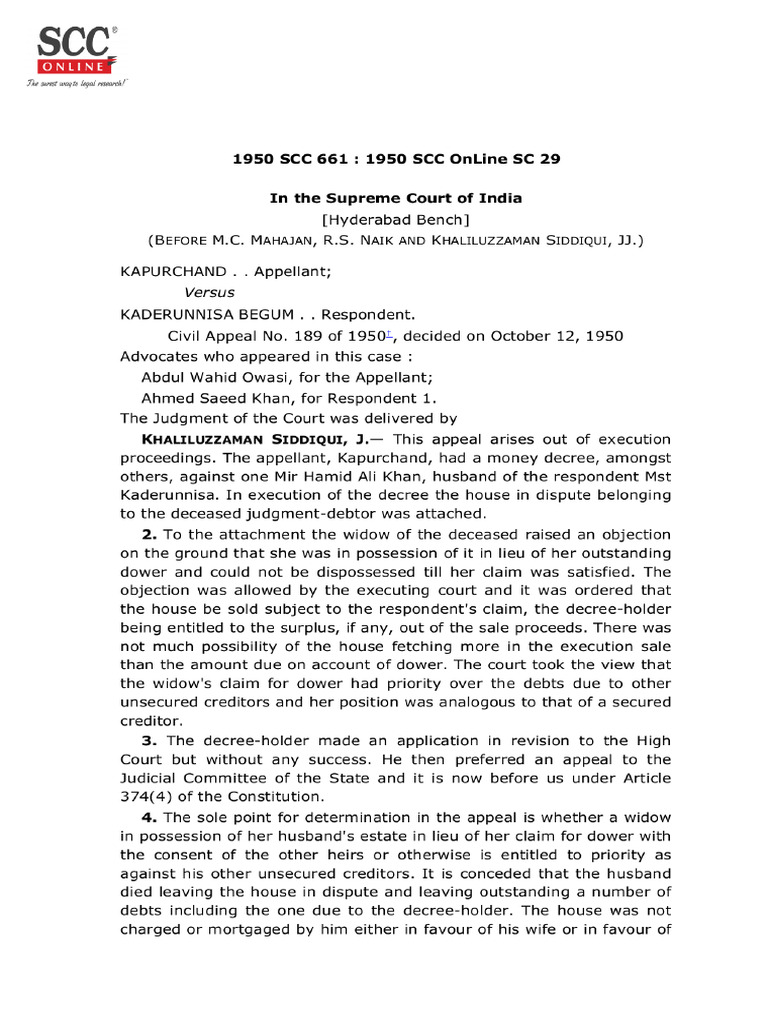 Kapurchand v. Kaderunnisa Begum, 1950 SCC 661 | PDF