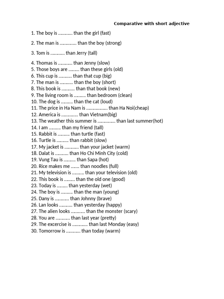 Comparative Short Adjectives Exercises | PDF