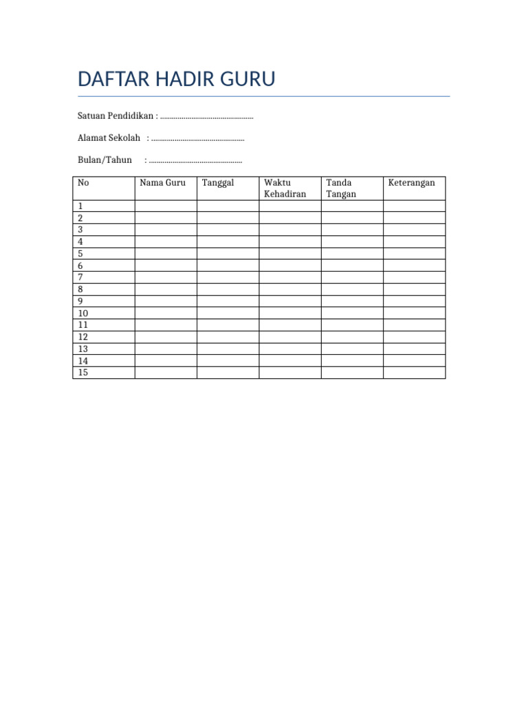 Format Daftar Hadir Guru Manual | PDF