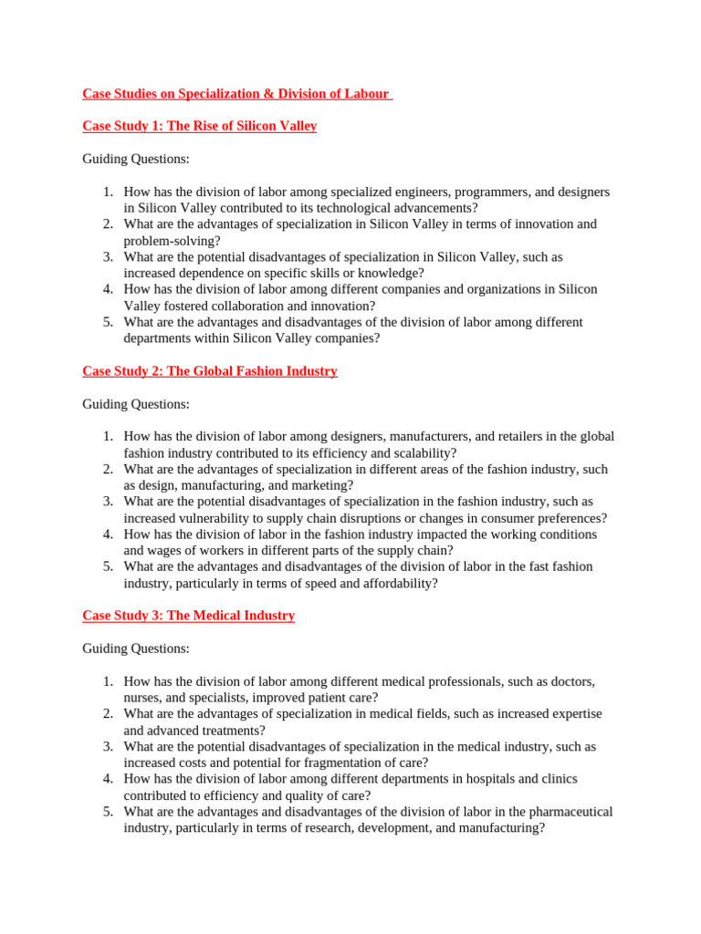 Case Studies On Specialization | PDF | Labour Economics | Division Of ...