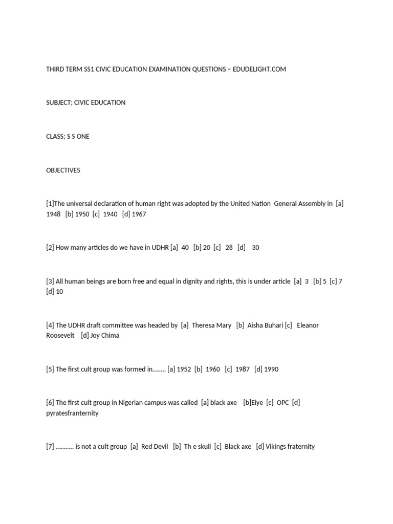SS1 Civic Education Third Term Exam Questions | PDF | Government ...