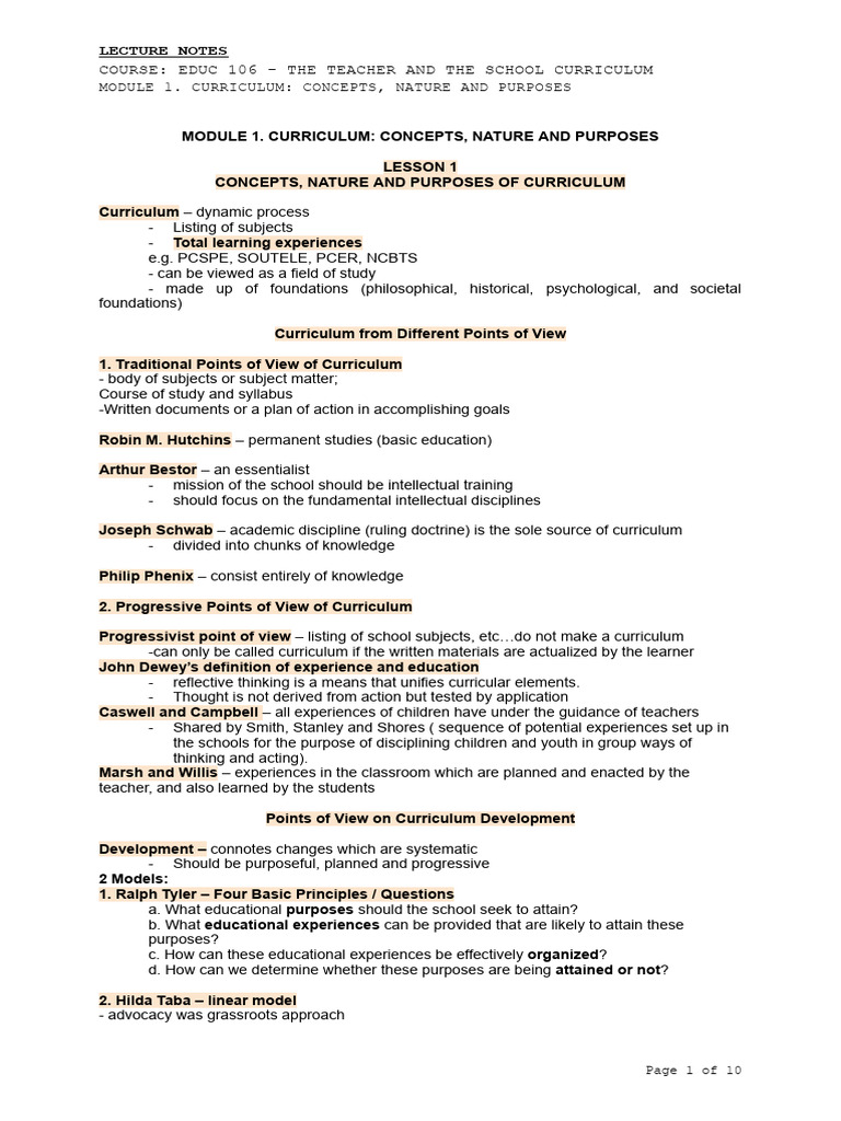 Educ-106-Module 1 Curriculum Concepts Nature and | PDF | Curriculum | Learning