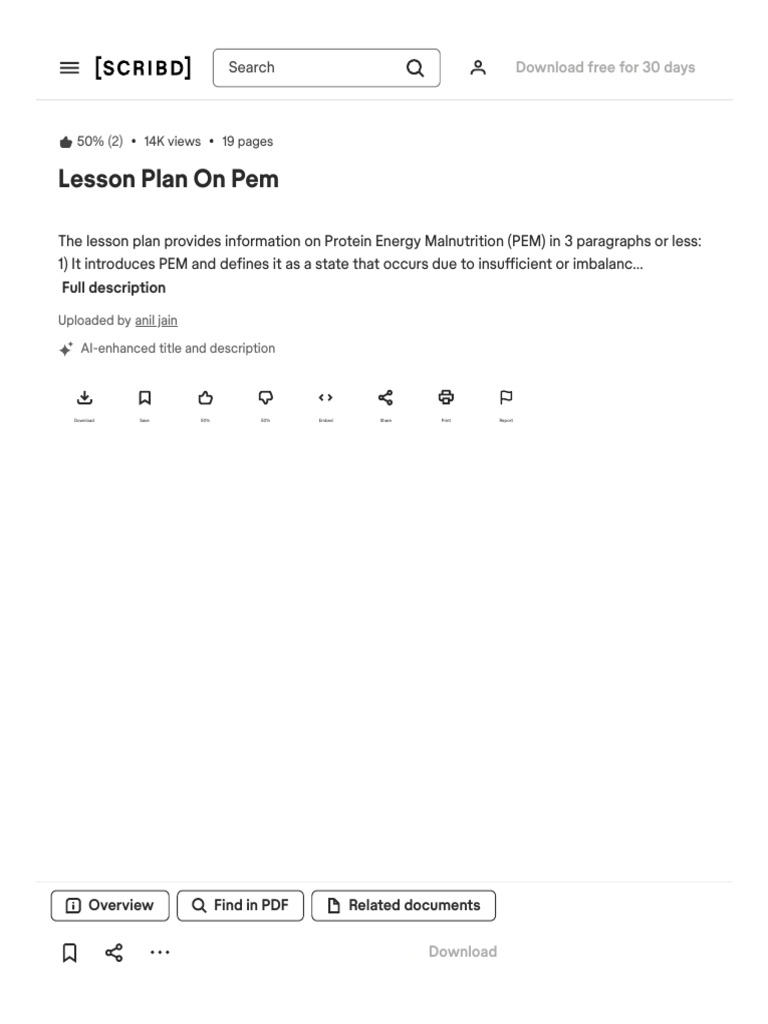 Lesson Plan On Pem - PDF - Malnutrition - Epidemiology | PDF | Scribd | Malnutrition