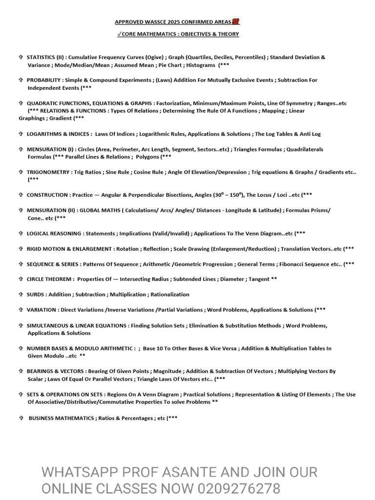 Wassce 2025 Examkners Confirmed Areas (All Core Subjects) Syn | PDF ...