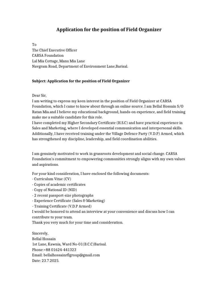 Field Organizer Application Bellal Hossain | PDF