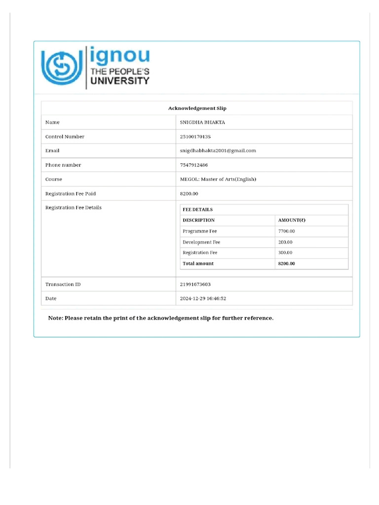 IGNOU Fees Receipt | PDF