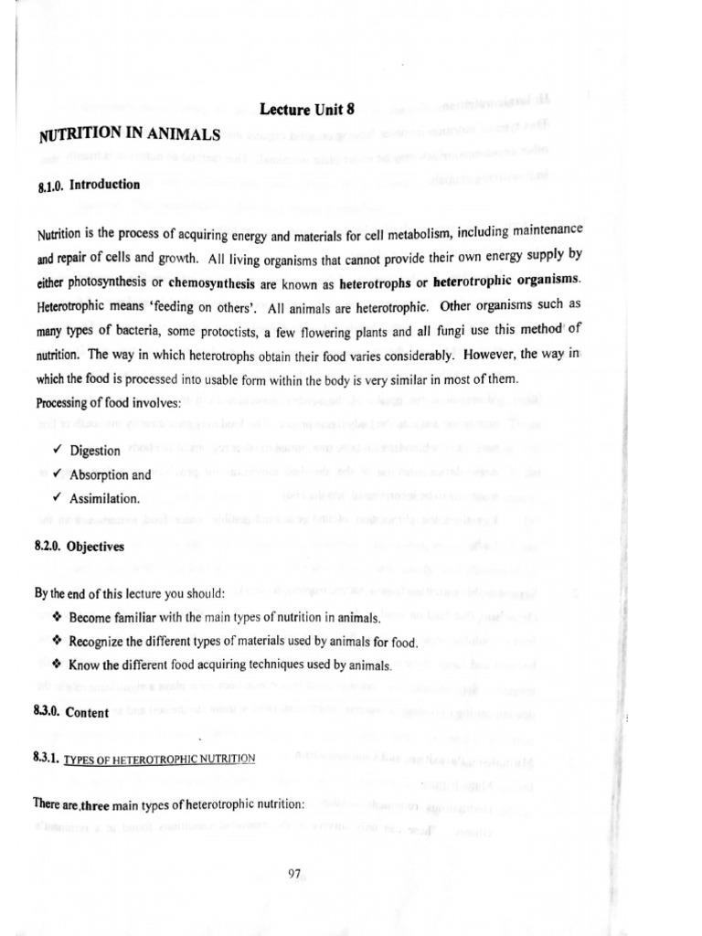 ZOO 201 (Nutrition, Digestion and Excretion in Animals.) PDF | PDF