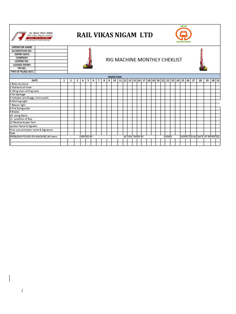 Piling Machine Monthly Checklist | PDF