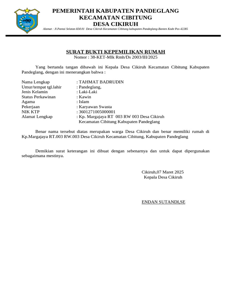 Surat Keterangan Kepemilikan Rumah Tahmat Badrudin Tahun 2025 | PDF