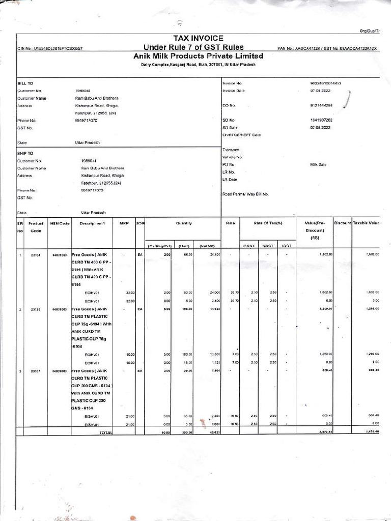 GST Tax Invoice for Anik Milk Products | PDF
