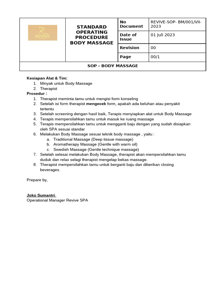 Prosedur Standar Body Massage | PDF