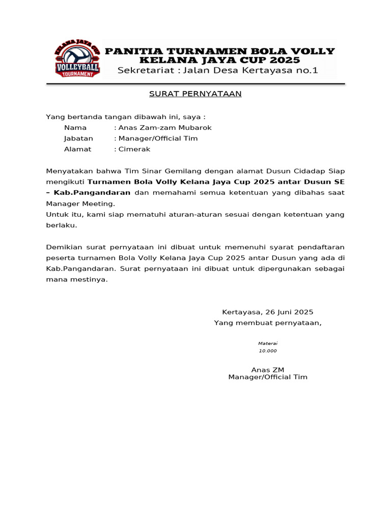 Surat Pernyataan Tim Turnamen Volly | PDF