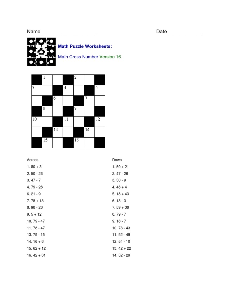 Math Cross Number Puzzle Worksheet | PDF