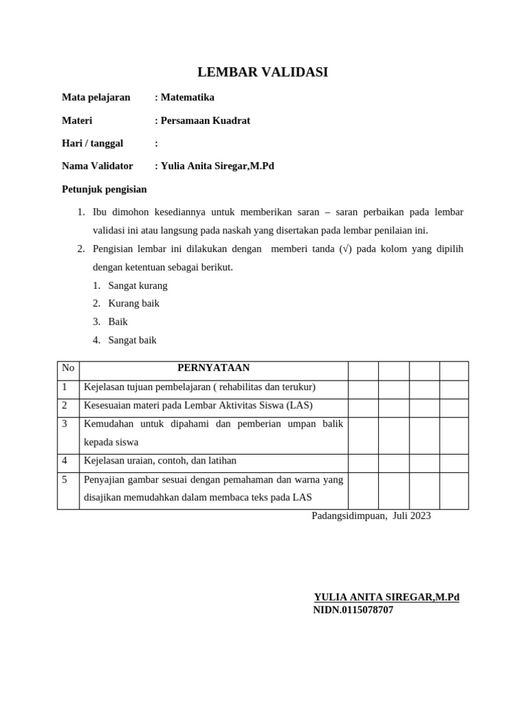 Lembar Validasi Ely | PDF