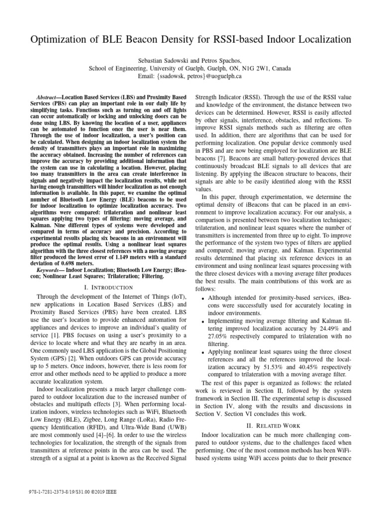 Optimization of BLE Beacon Density For RSSI-Based Indoor Localization | PDF | Kalman Filter ...
