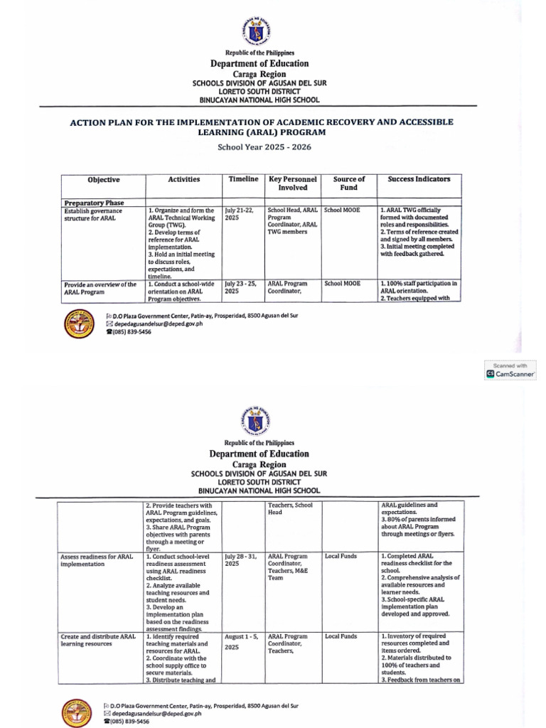 Binucayan NHS ARAL Action Plan | PDF