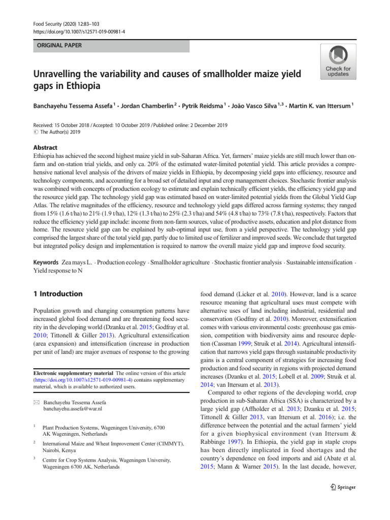 Asefa Et Al 2020, Unravelling The Variability and Couses of Smallholder Maize Yield | PDF ...