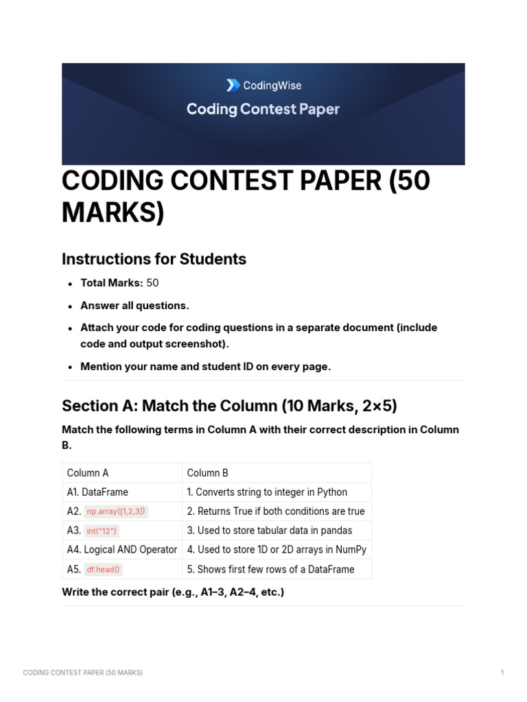 Coding Contest Paper (50 Marks) | PDF | Python (Programming Language ...