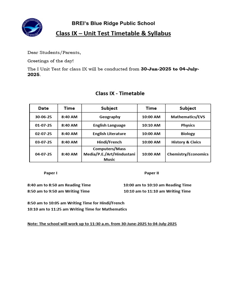 Class IX - Timetable and Syllabus | PDF