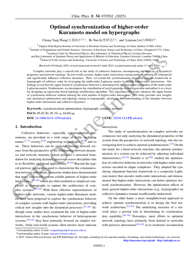 Optimal Synchronization of Higher-Order Kuramoto Model On Hypergraphs | PDF | Eigenvalues And ...
