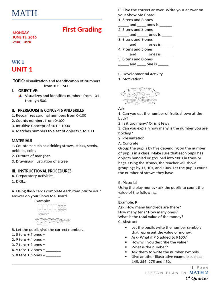 Math Lesson Plan 1st Grading | PDF | Numbers | Lesson Plan