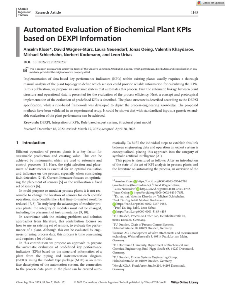 Chemie Ingenieur Technik - 2023 - Klose - Automated Evaluation of Biochemical Plant KPIs Based ...