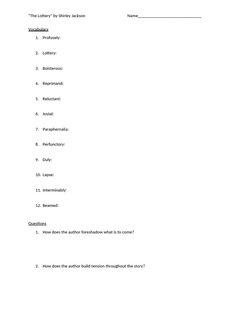 The Lottery Worksheet | PDF