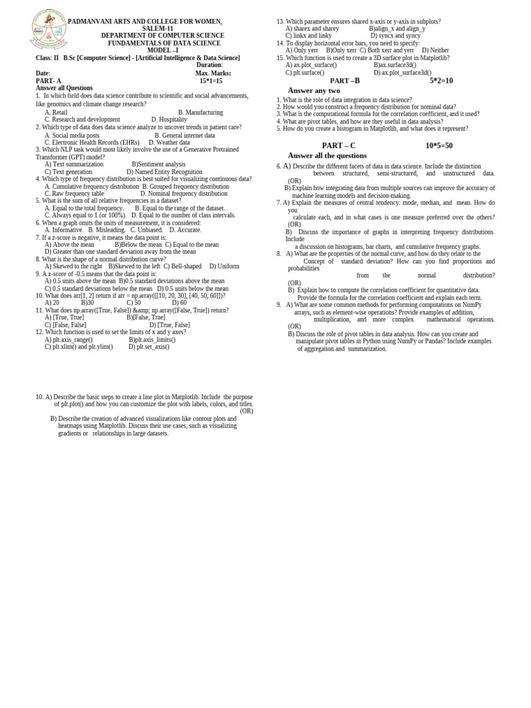 Data Science Model 1 Ques | PDF | Skewness | Mean