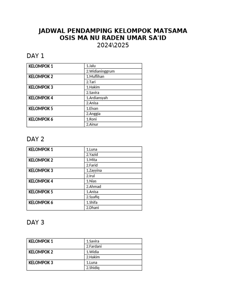 Jadwal Pendamping Kelompok Matsama | PDF