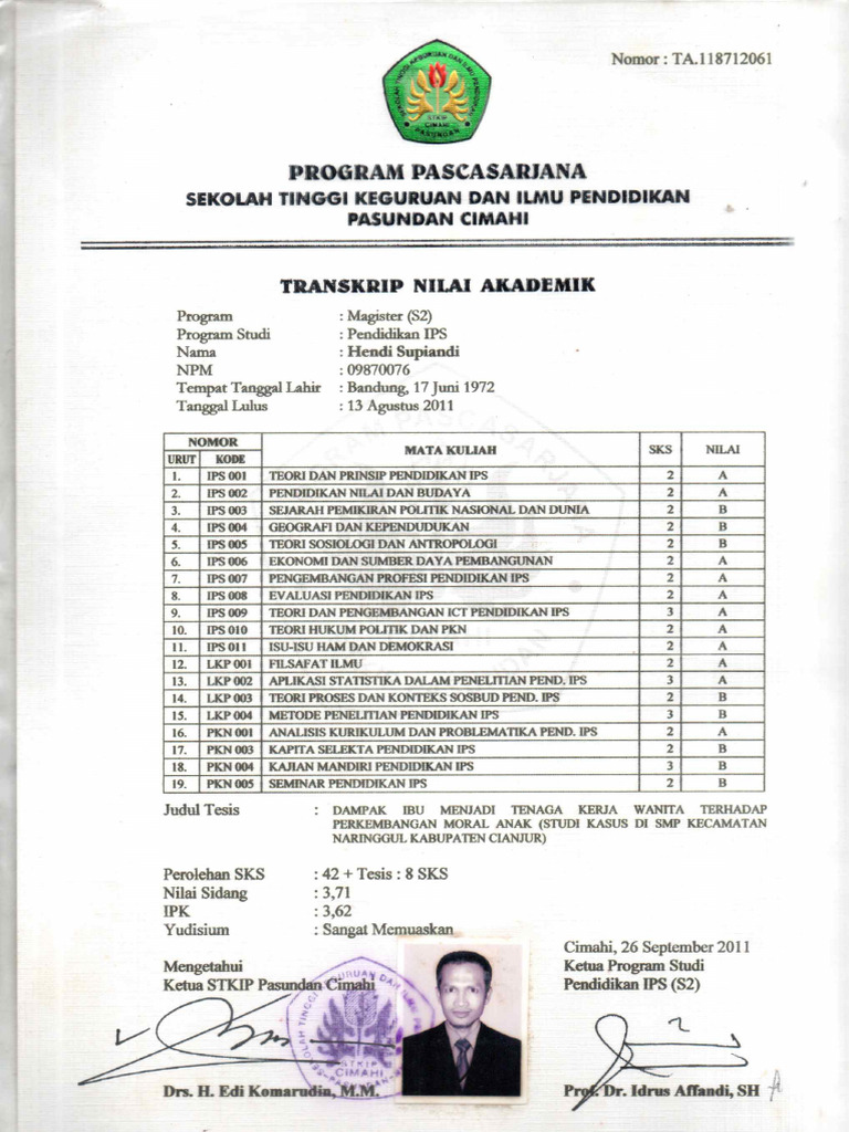 Transkip Nilai s2 Hendi Supiandi | PDF