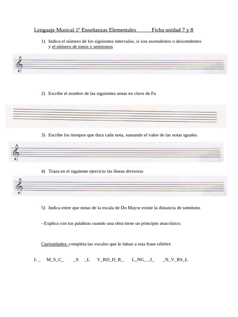 Lenguaje Musical 1º EE Ficha Unidad 7y8 | PDF