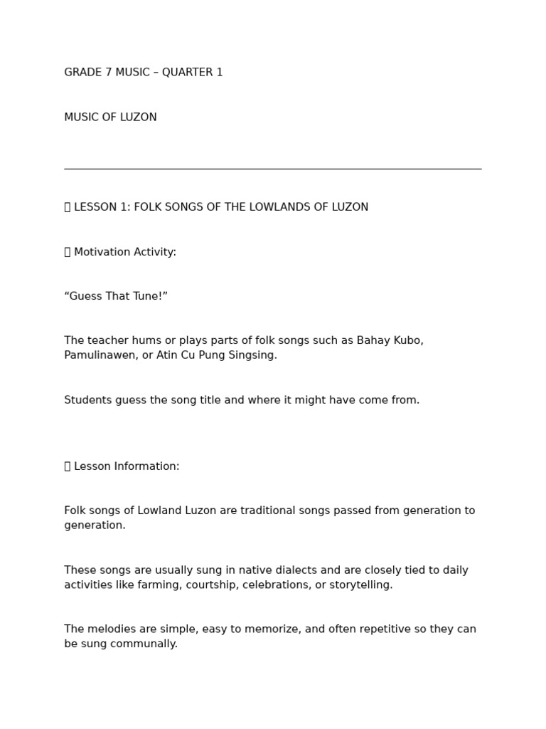 Grade 7 MAPEH: Music Quarter 1 Overview | PDF | Musical Instruments