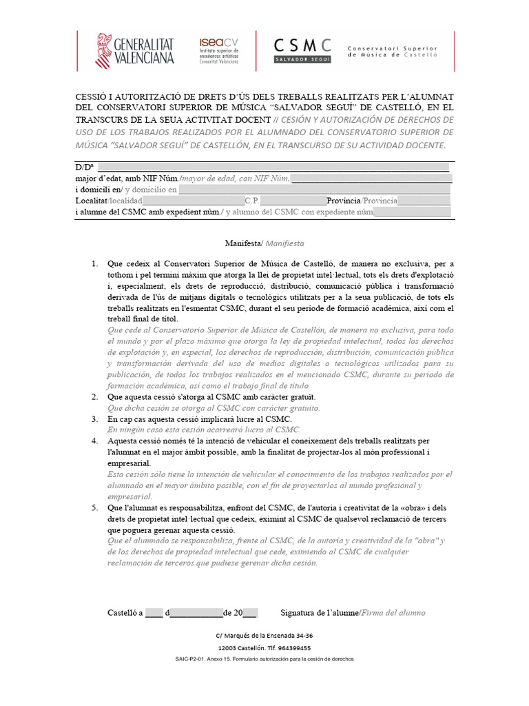 SAIC P2 01. Anexo 15. Formulario Autorizacioin para La Cesioin de Derechos | PDF