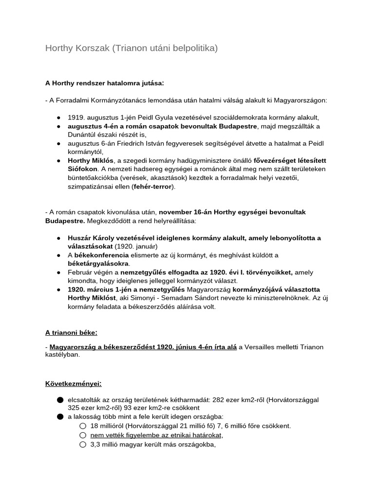 Tétel Horthy Korszak (Trianon Utáni Belpolitika) | PDF