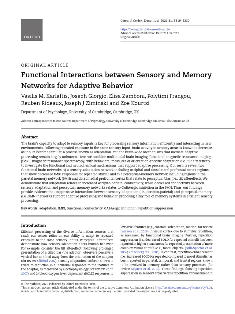 1-Functional Interactions Between Sensory and Memory | PDF | Functional Magnetic Resonance ...