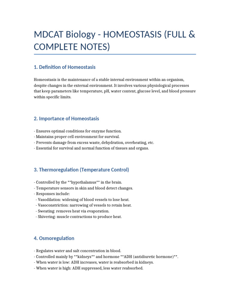 MDCAT Notes on Homeostasis | PDF | Kidney | Homeostasis