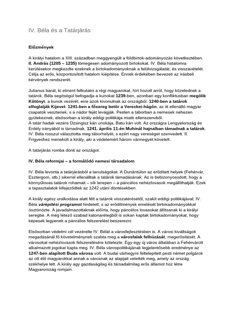 Tétel IV. Béla És A Tatárjárás | PDF