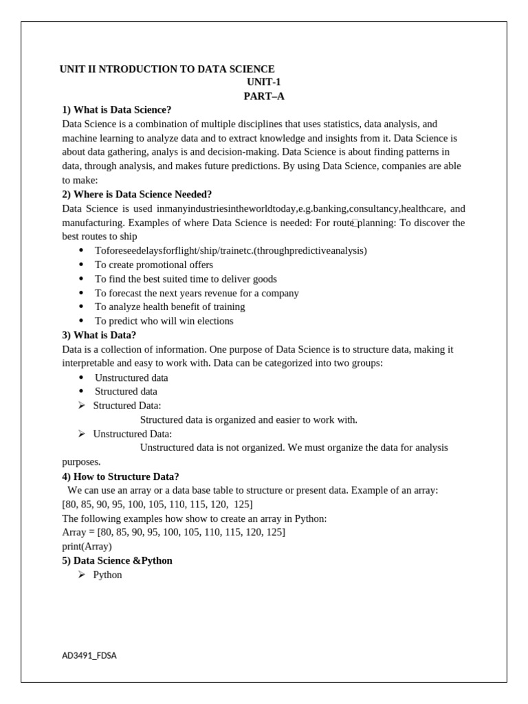 IV Ai-Ds Ad3491 Fdsa QB Unit1 | PDF | Data Science | Data