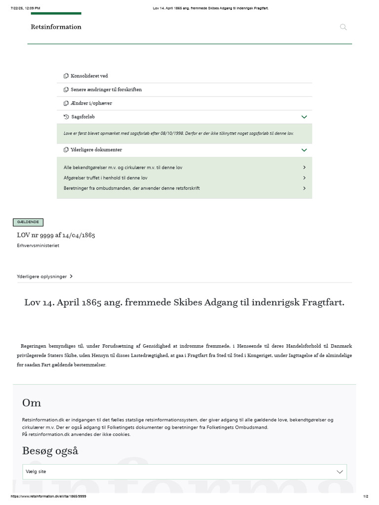 Lov 14. April 1865 Ang. Fremmede Skibes Adgang Til Indenrigsk Fragtfart ...