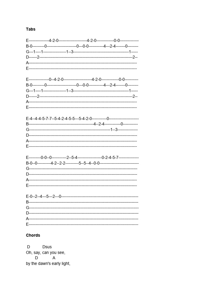 Star Spangled Banner Guitar Tabs | PDF | National Symbols | Flag